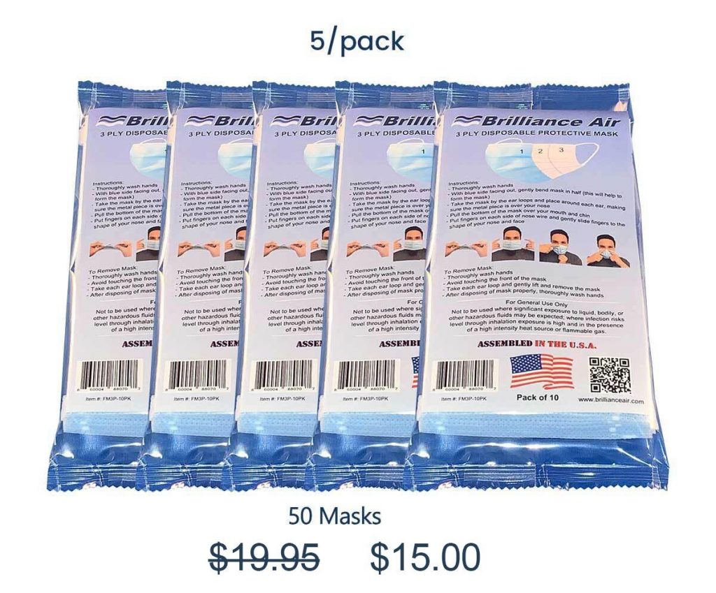 3 Ply disposable face masks made in USA - Brilliance Air